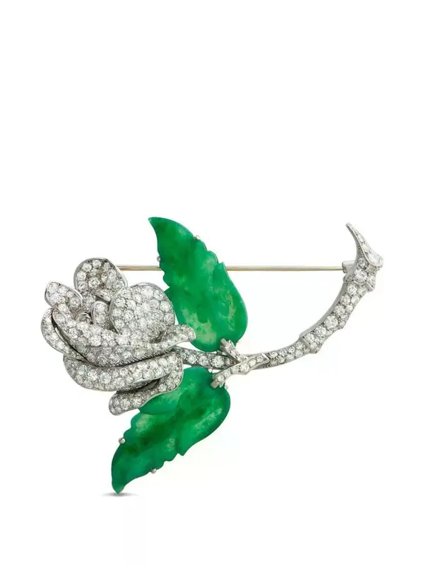 LB EXCLUSIVE Jade And Diamond Rose Brooch - Silver