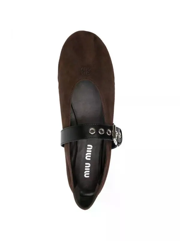 Miu Miu Suede Mary Jane Ballet Flats With Buckle Detail - Brown