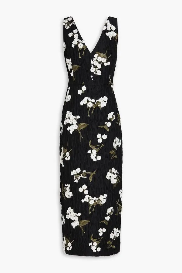Erdem Floralappliquéd Woolblend Cloqué Midi Dress - Black