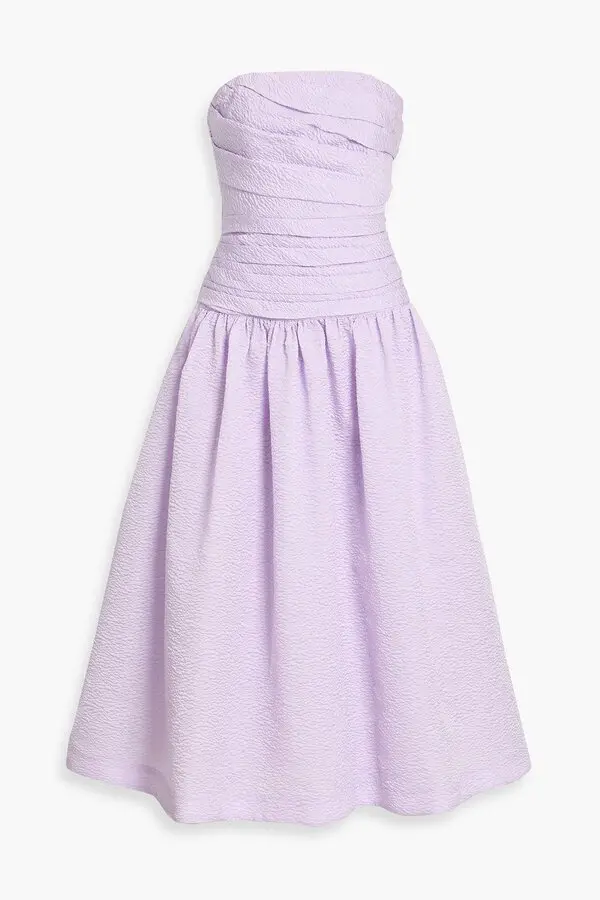 Rachel Gilbert Sophia Strapless Draped Cloqué Midi Dress - Lilac