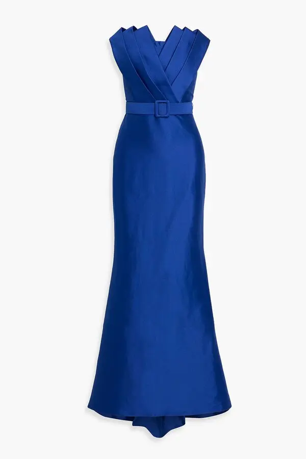 Badgley Mischka Strapless Belted Faille Gown - Royal Blue