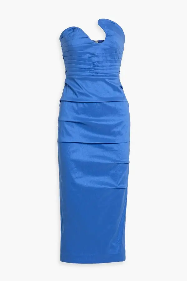 Rachel Gilbert Cheri Strapless Draped Shantung Midi Dress - Cobalt Blue