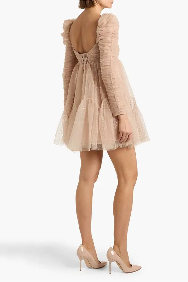 Zimmermann Ruched Glittered Tulle Mini Dress - Sand