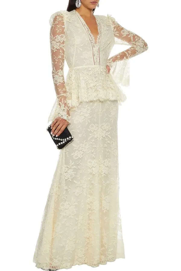 Alexander McQueen Cotton-blend Leavers Lace Peplum Gown