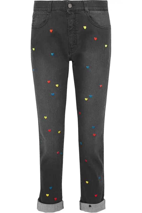Stella McCartney The Skinny Boyfriend Embroidered Midrise Slimleg Jeans - Charcoal