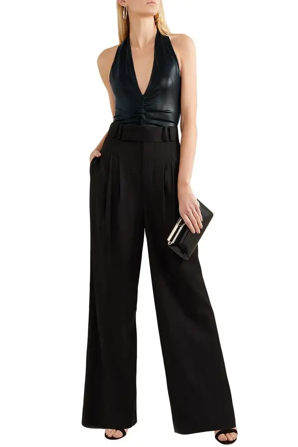 Halston Kate Ruched Stretch-lamé Halterneck Bodysuit