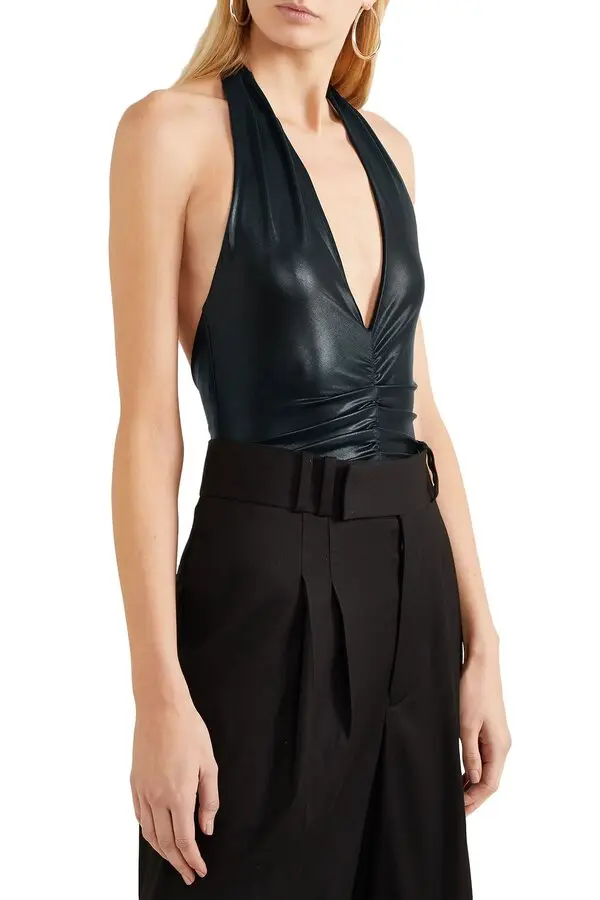Halston Kate Ruched Stretch-lamé Halterneck Bodysuit