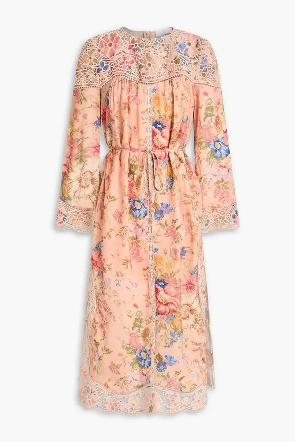 Zimmermann Floral-print Linen Midi Dress With Broderie Anglaise Trims - Peach