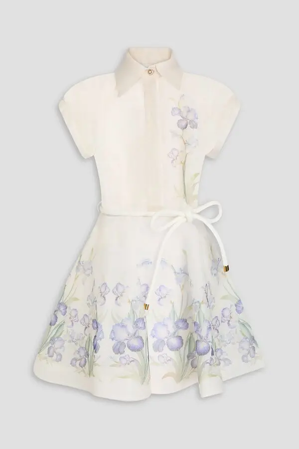 Zimmermann Floralprint Linen And Silkblend Organza Mini Shirt Dress - Ecru