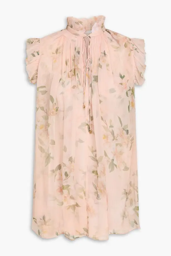 Zimmermann Ruffled Floralprint Crepon Top - Blush