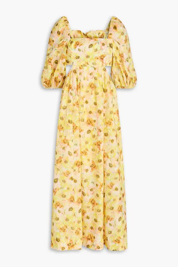Zimmermann Floral-print Linen Midi Dress With Open Back - Yellow