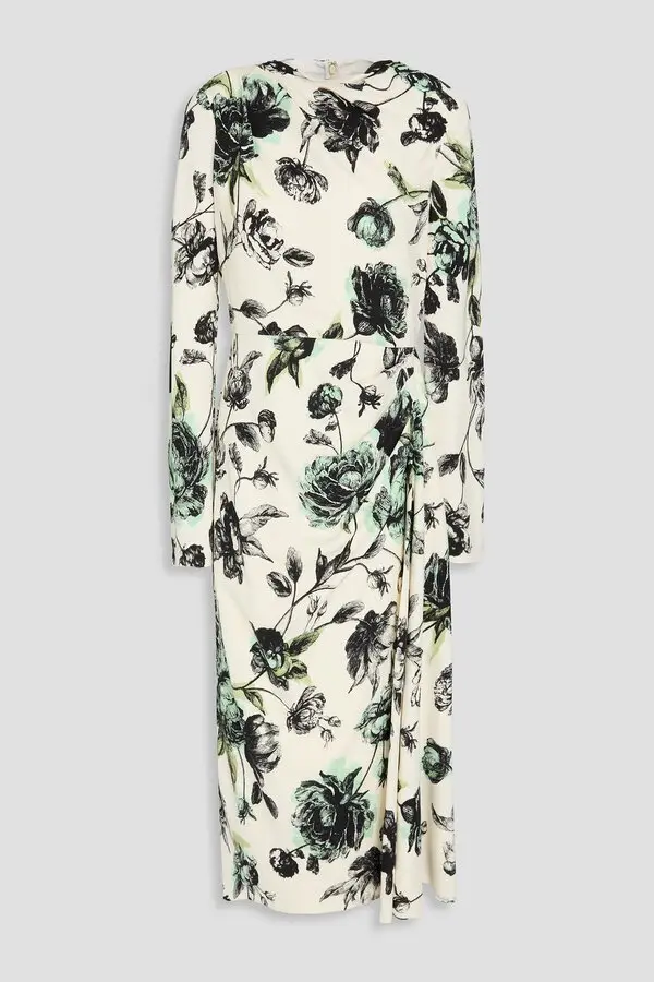 Erdem Draped Floralprint Cady Midi Dress - Ivory