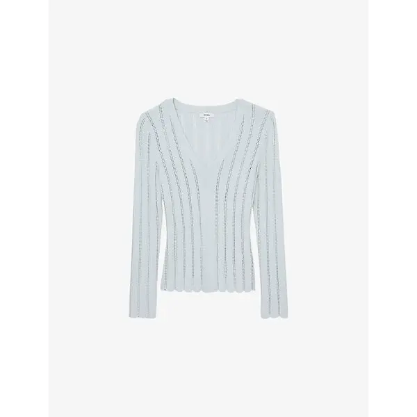 REISS Open-stitch V-neck Knitted Jumper - Pale Blue