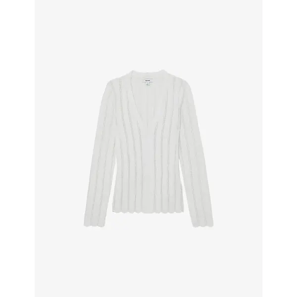 REISS Loui Open-stitch V-neck Knitted Jumper - White