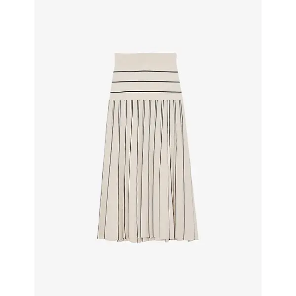 REISS Alice Stripe Pleated Knitted Midi Skirt - Ivory Black