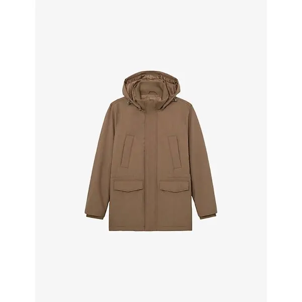REISS Hooded Zip-through Padded Woven Coat - Light Brown
