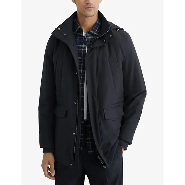 REISS Hooded Zip-through Padded Woven Coat - Navy