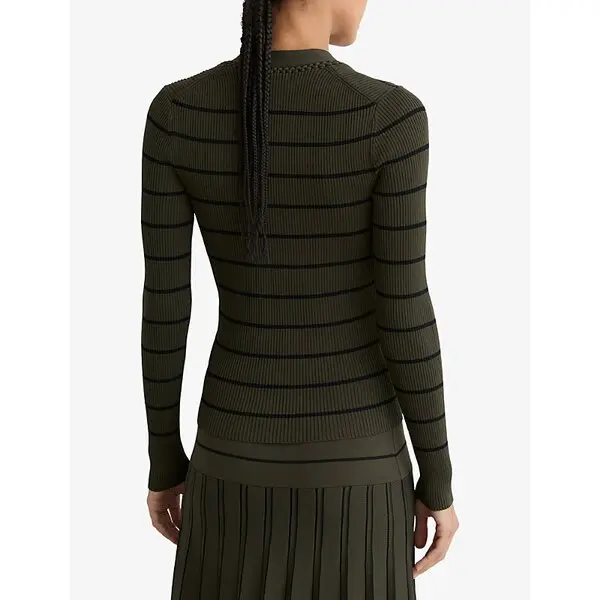 REISS Lauralee Stripe Ribbed Knitted Top - Khaki Green Black
