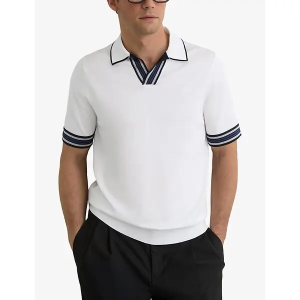 REISS Poole Striped-trim Stretch-knit Polo Shirt - White