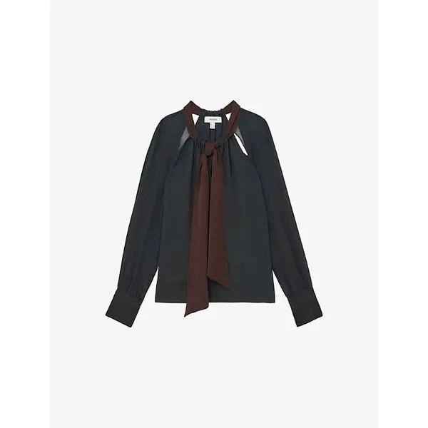 REISS Jasmine Tie-neck Woven Blouse - Navy Burgundy