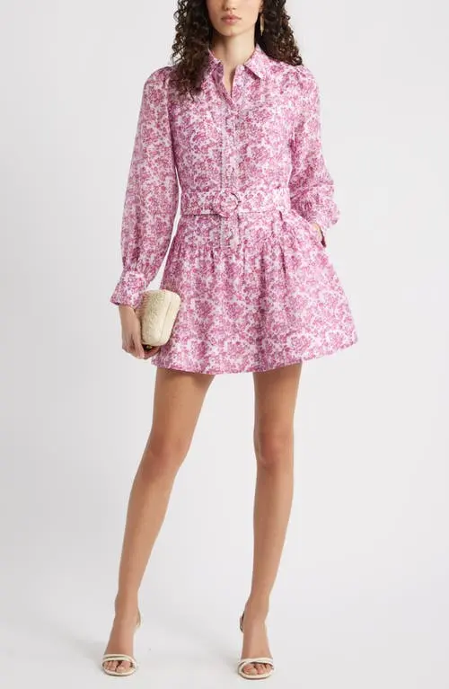 Chelsea28 Lace Trim Belted Long Sleeve Mini Shirtdress - Magenta Savannah Medallion