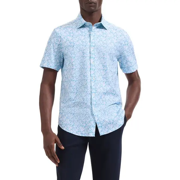 Bugatchi Miles Ooohcotton® Watercolor Floral Print Short Sleeve Button-up Shirt - Teal