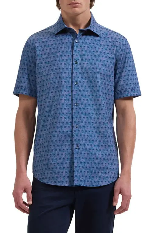 Bugatchi Miles Ooohcotton® Textured Palm Print Short Sleeve Button-up Shirt - Navy