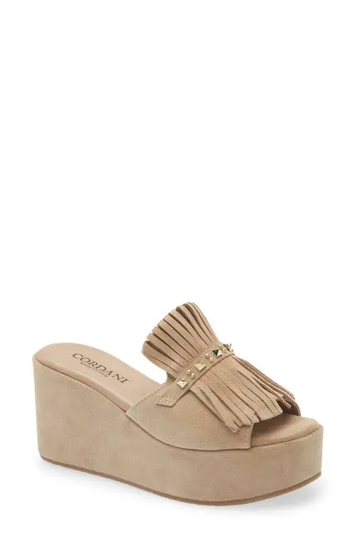 Cordani Jewel Studded Kiltie Platform Wedge Slide Sandal - Beige Suede