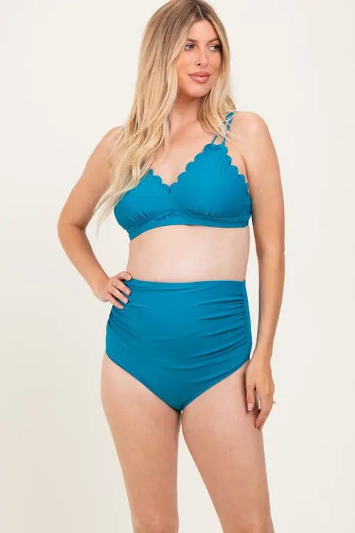 PINKBLUSH Scalloped V-neck High Waist Two-piece Swimsuit - Teal