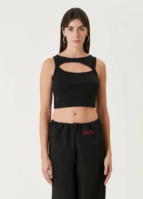PCFG Ribbed Cropped Tank Top With Boatneck And Cut-out - Black