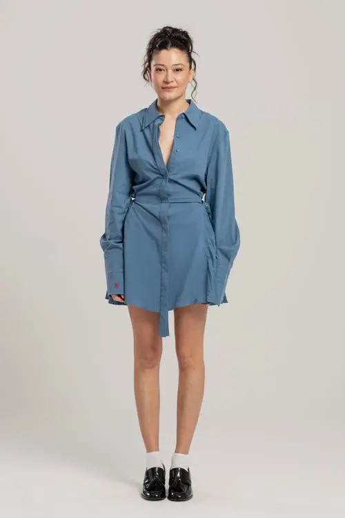 PCFG Free Heaven" Pleated Mini Shirt Dress - Blue