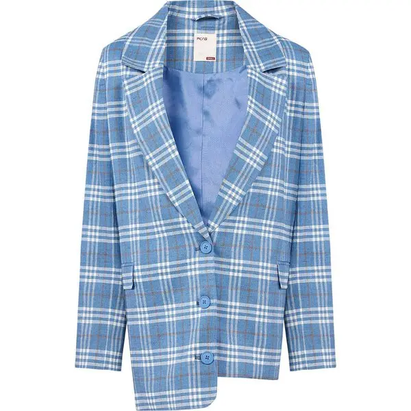 PCFG Linen Blend Multicolor Checked Blazer - Blue