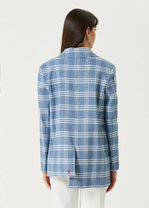 PCFG Linen Blend Multicolor Checked Blazer - Blue