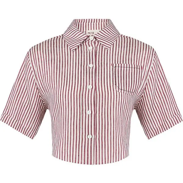 PCFG Pure Linen Free Heaven Red Striped Crop Shirt - Red  White