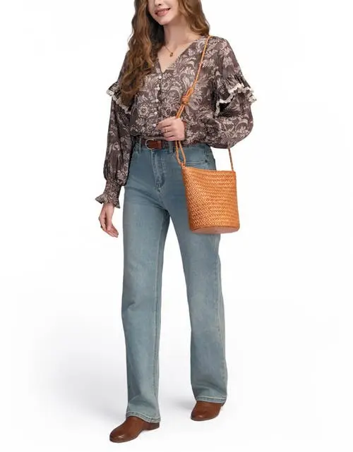 OLD TREND Reed Genuine Leather Woven Barrel Crossbody Bag - Tan