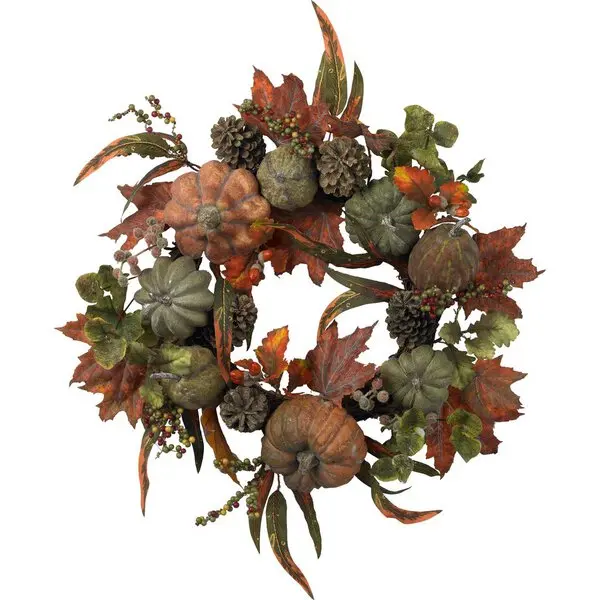 NEARLY NATURAL 24-in Pumpkin & Gourd Wreath - Green/orange