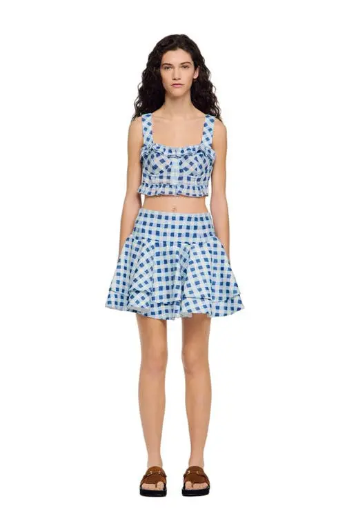Sandro Short Gingham Linen Skirt