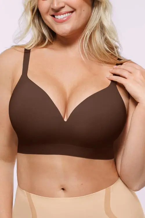 SHAPELLX Wireless T-shirt Back Smoothing Seamless Oyster Fabric Everyday Bra - Chocolate