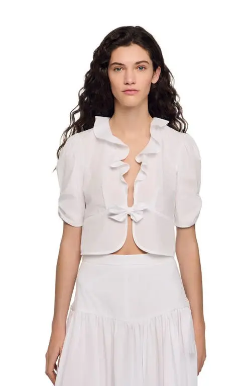 Sandro Ruffled Crop Top - White
