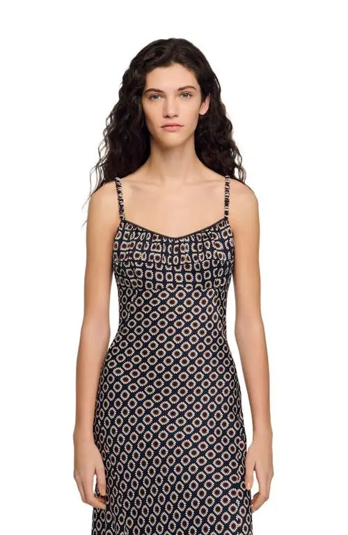 Sandro Printed Slip Maxi Dress - Deep Blue/ocher