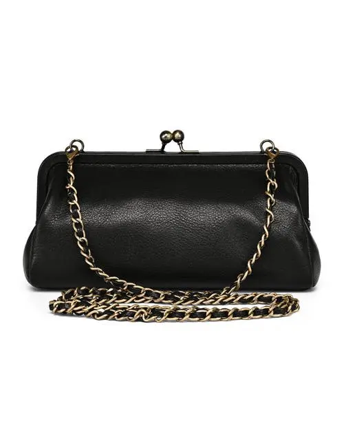 OLD TREND Iris Genuine Leather Vintage Frame Crossbody Bag With Chain Strap And Wristlet - Black