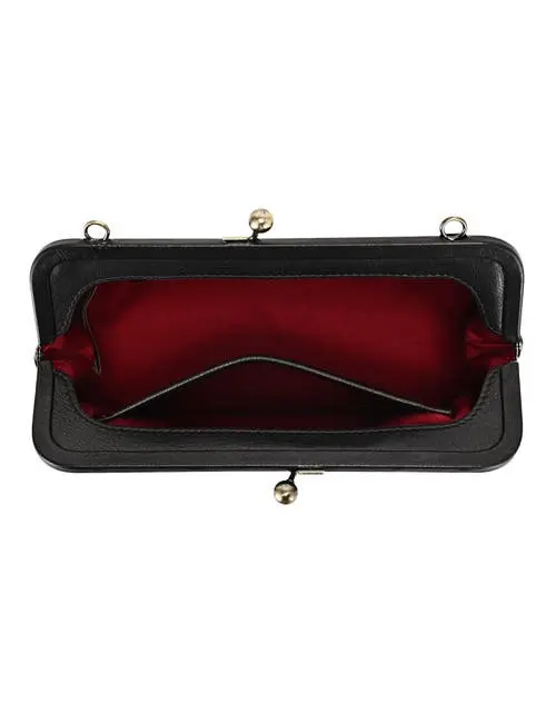 OLD TREND Iris Genuine Leather Vintage Frame Crossbody Bag With Chain Strap And Wristlet - Black