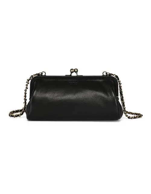 OLD TREND Iris Genuine Leather Vintage Frame Crossbody Bag With Chain Strap And Wristlet - Black
