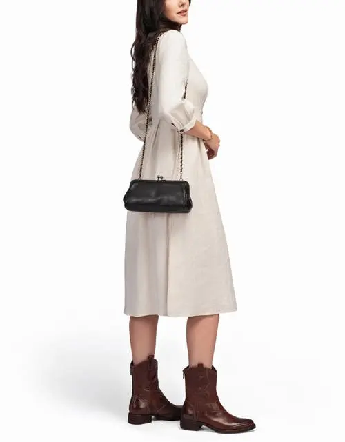 OLD TREND Iris Genuine Leather Vintage Frame Crossbody Bag With Chain Strap And Wristlet - Black