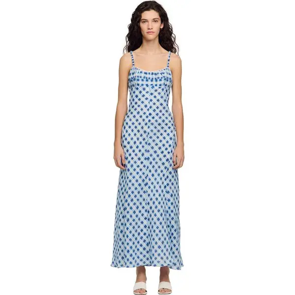 Sandro Gingham Linen Maxi Dress - Blu/white