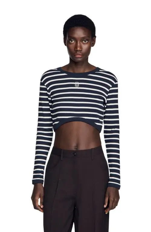Sandro Cropped Striped Cotton T-shirt - Marine/blanc