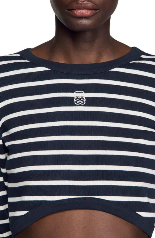 Sandro Cropped Striped Cotton T-shirt - Marine/blanc