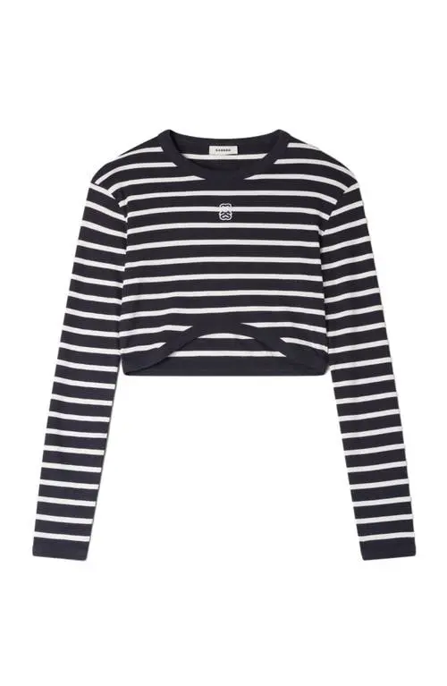 Sandro Cropped Striped Cotton T-shirt - Marine/blanc