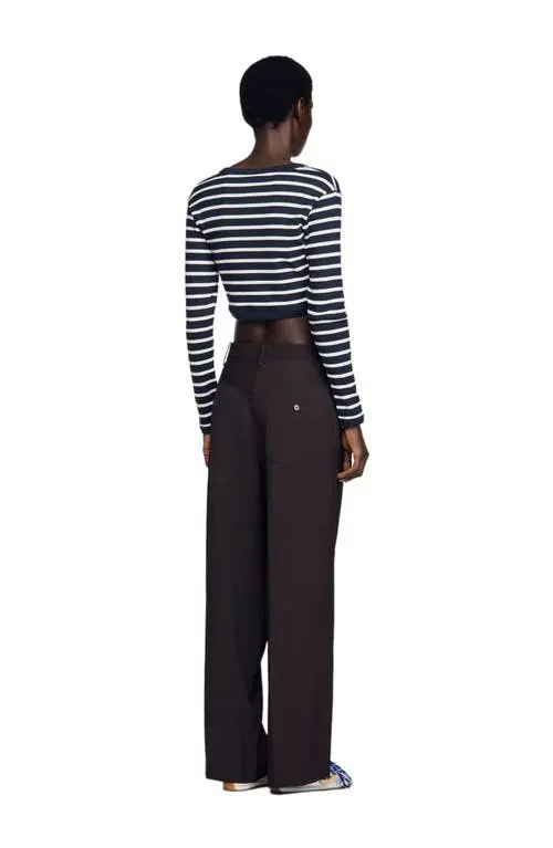 Sandro Cropped Striped Cotton T-shirt - Marine/blanc