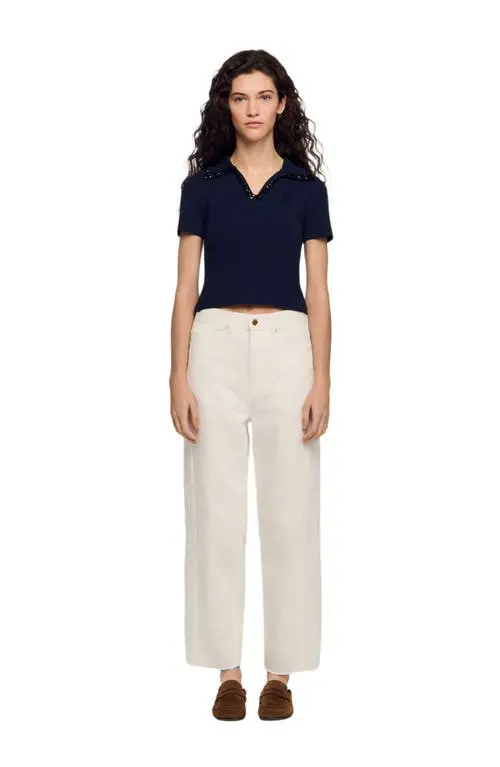 Sandro Cropped Polo With Beaded Collar